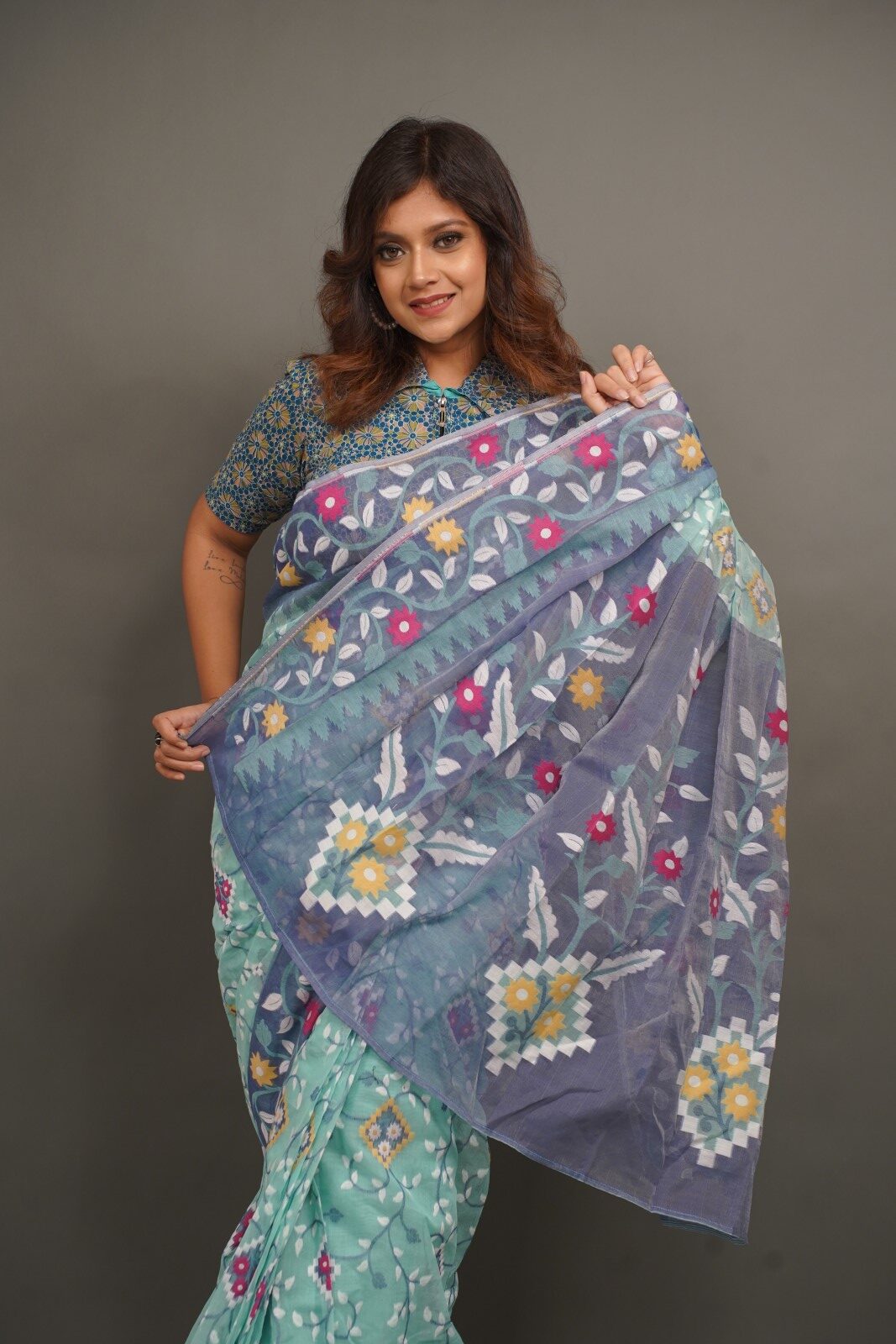 Mint and Blue Handwoven Jaamdani Insta-Saree with Attached Petticoat ...