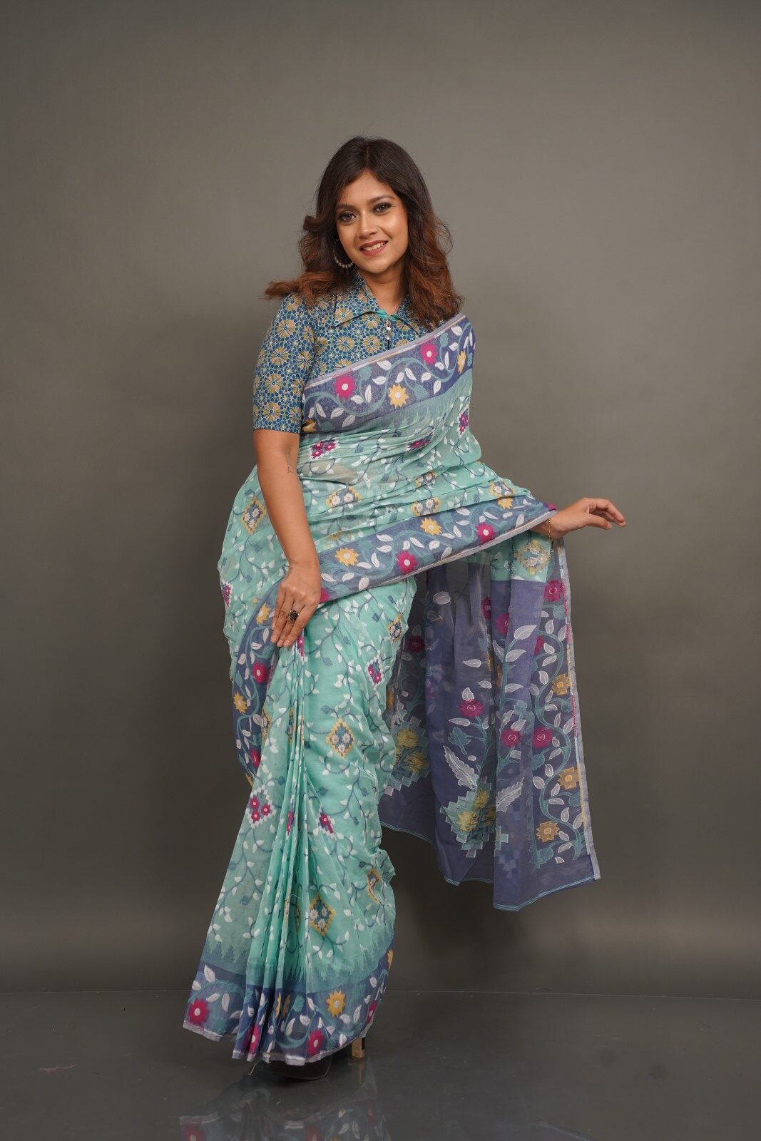 Mint and Blue Handwoven Jaamdani Insta-Saree with Attached Petticoat ...