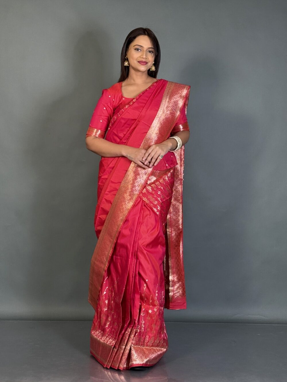 Tomato Red Ethereal Weave Ready to Wear Saree Set - Rubynique