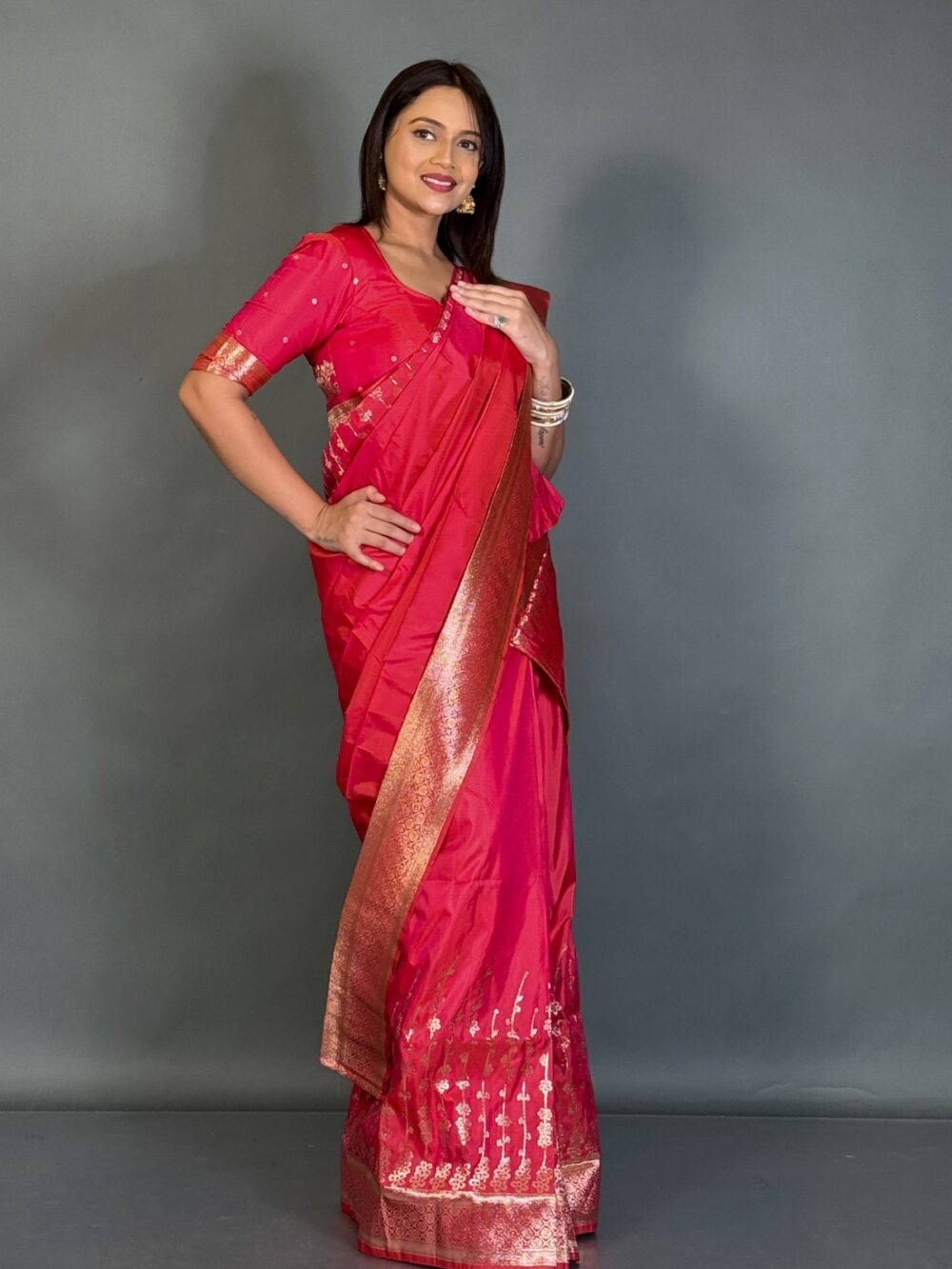 Tomato Red Ethereal Weave Ready to Wear Saree Set - Rubynique