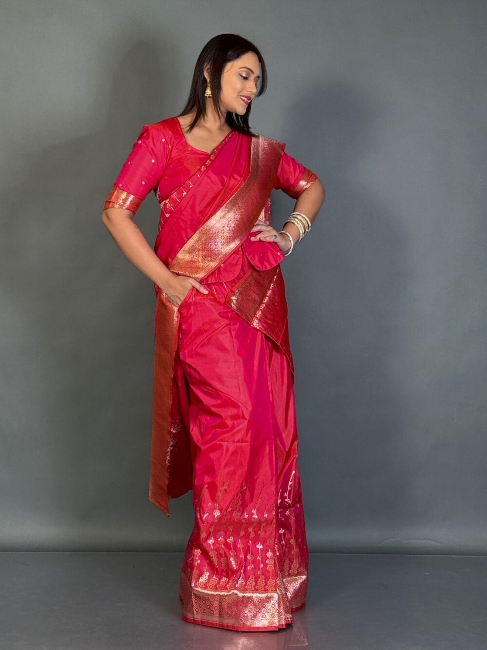 Tomato Red Ethereal Weave Ready to Wear Saree Set - Rubynique